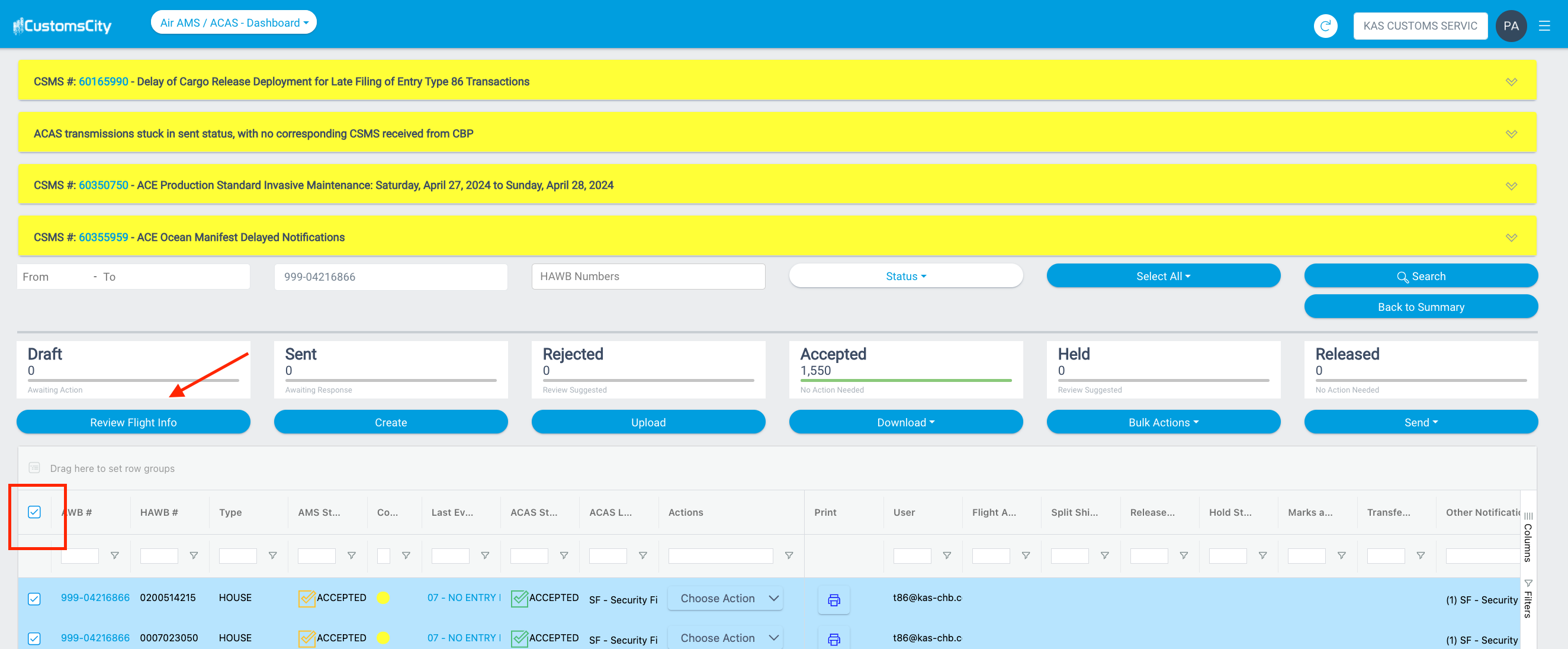AIR AMS Split Shipment Flight Process